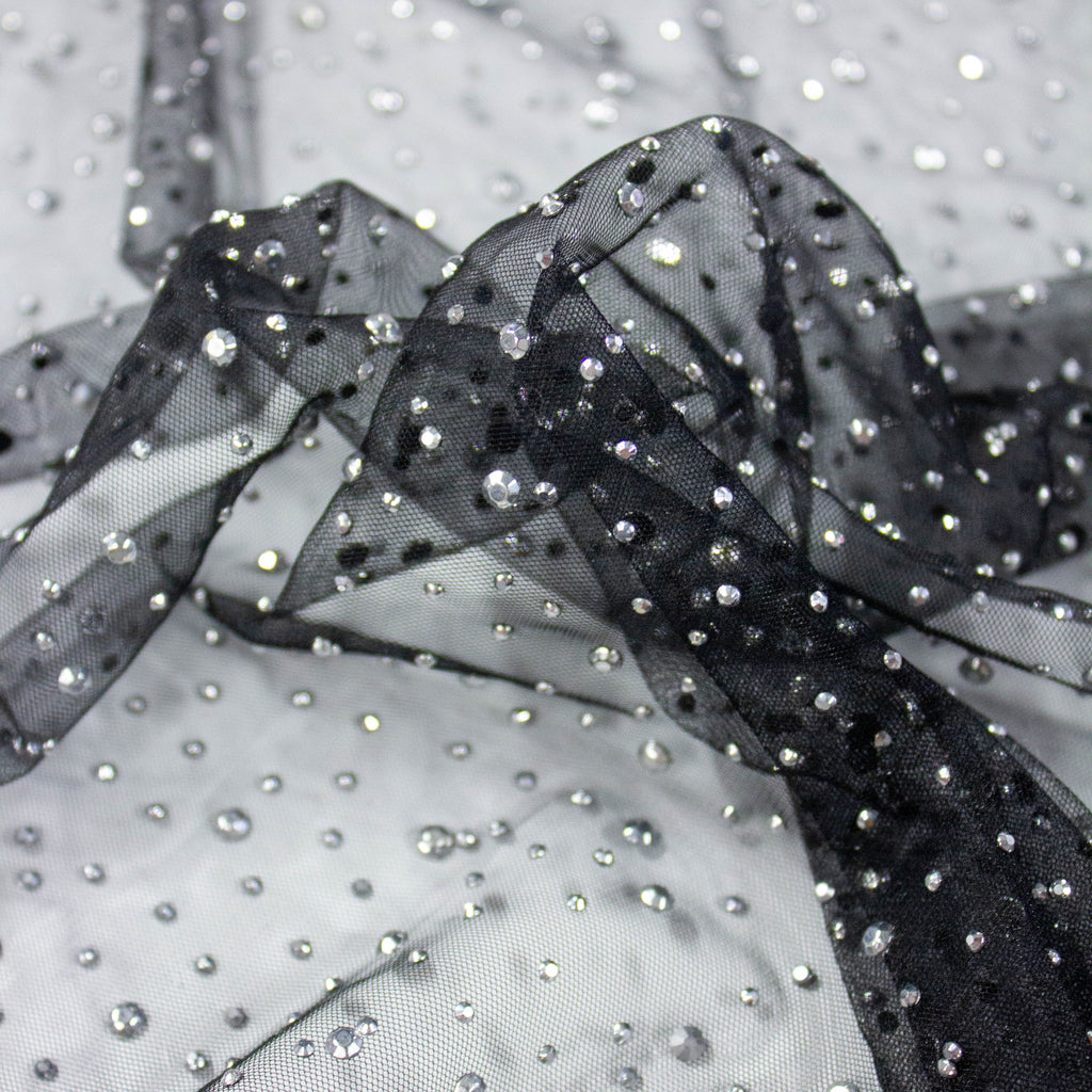 Imar Black Polyester Tule with Silver Studs Fabric | THE FABRIC SALES