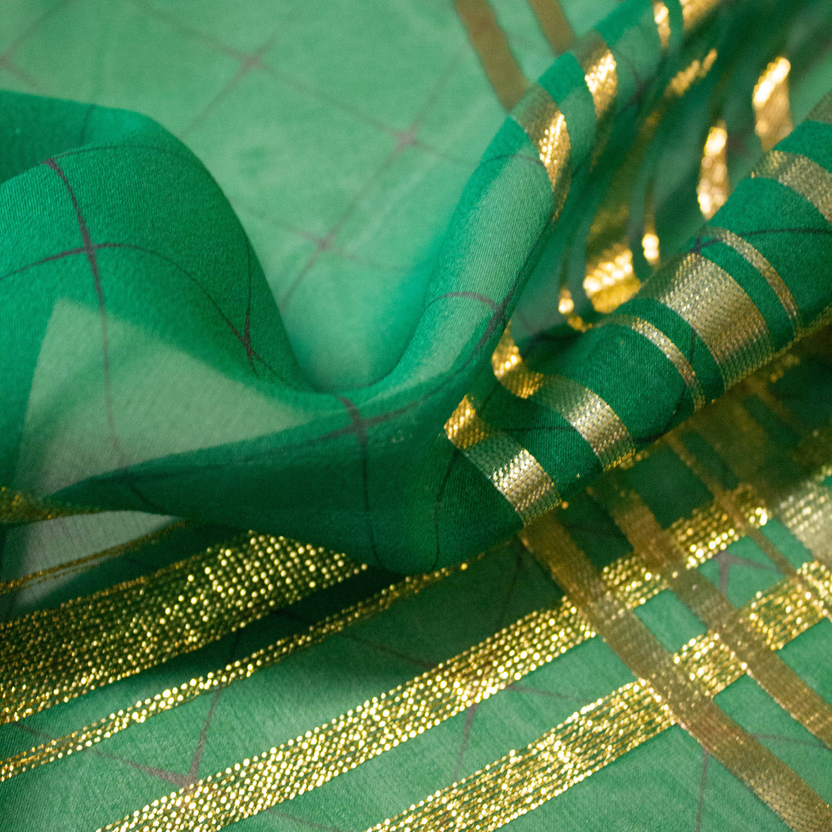 Lloris Green / Gold Check Silk Chiffon Fabric | THE FABRIC SALES